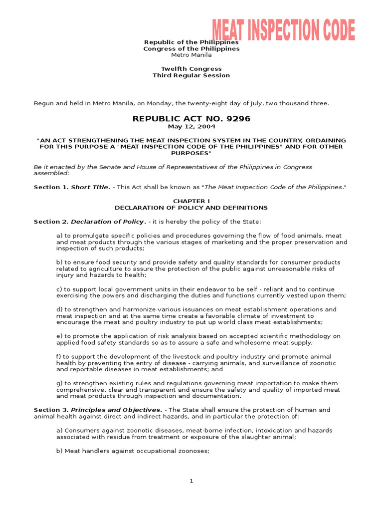 Meat Inspection Code of The Philippines | PDF | Animal Slaughter | Meat