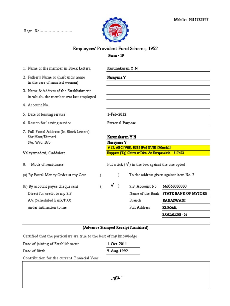 Pf Withdrawl Forms 19 Sample | Cheque | Payments