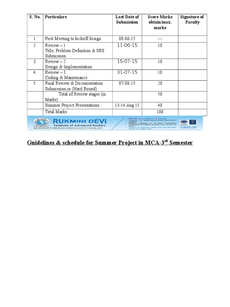 Guidelines & Schedule For Summer Project in MCA-3 Semester | PDF