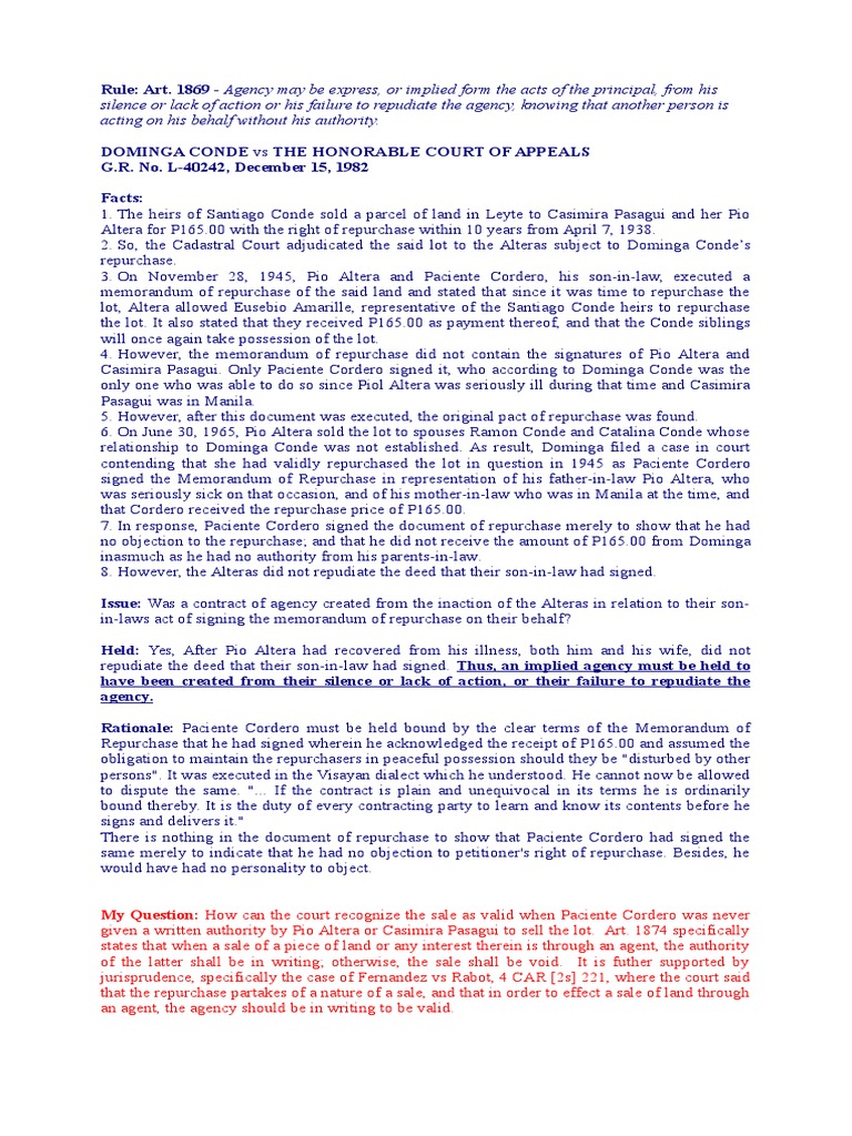 Implied Agency in Land Repurchase Cases | PDF | Law Of Agency ...