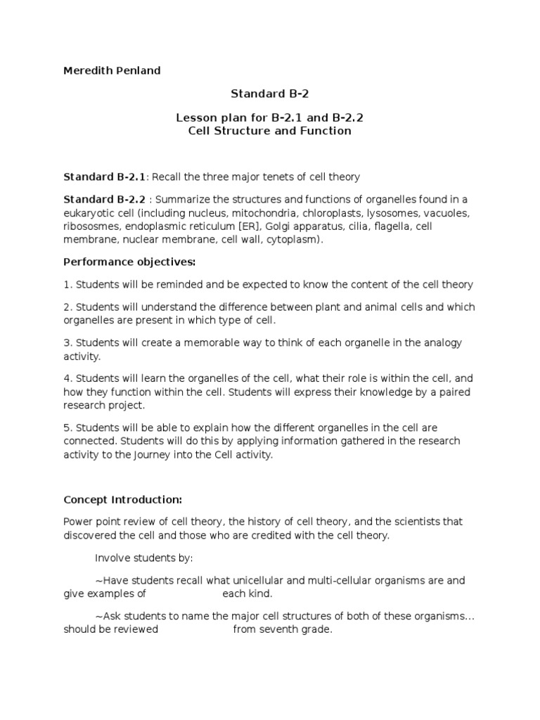 Lesson Plan On Cell Structure