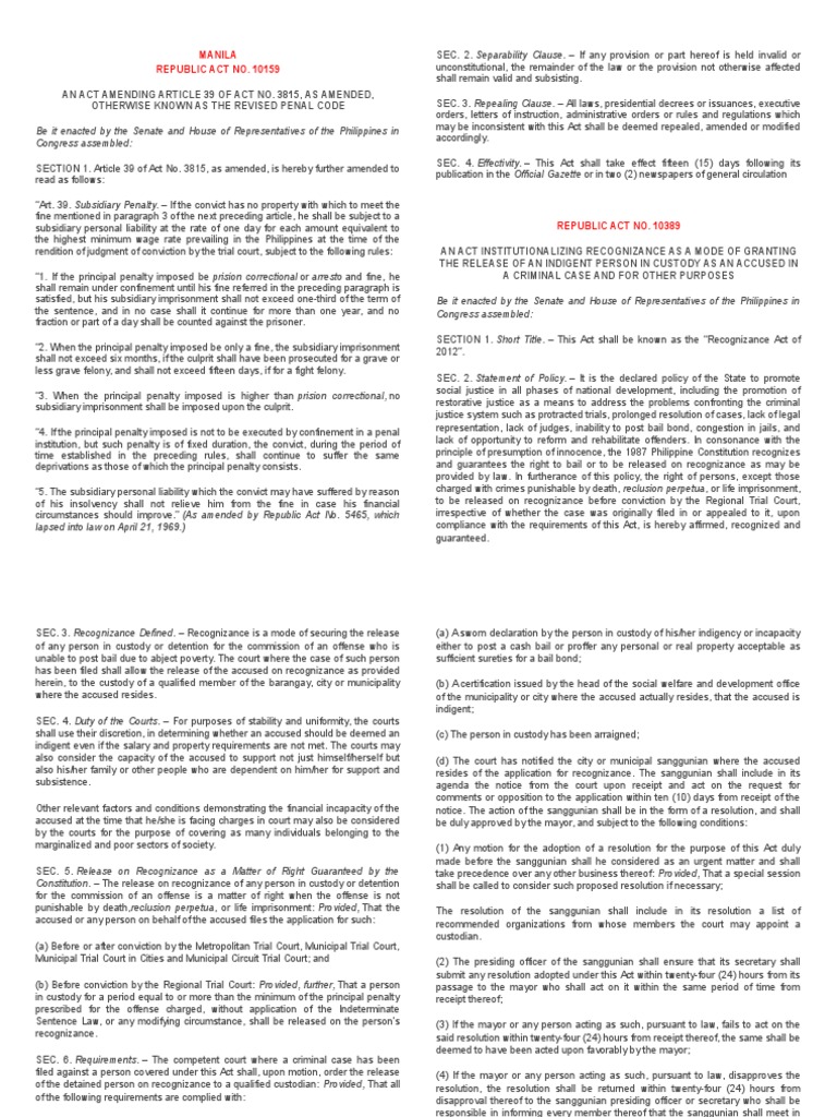 MANILA REPUBLIC ACT NO. 10159 AMENDS ARTICLE 39 OF THE REVISED PENAL ...