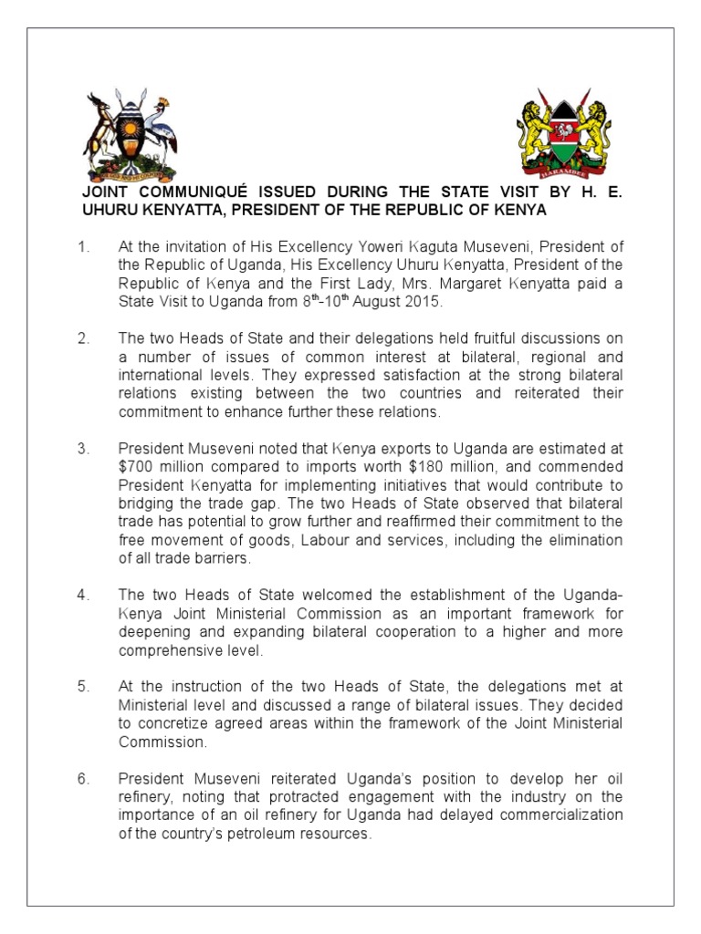 Joint Communiqué Issued During The State Visit by H. E. Uhuru Kenyatta ...