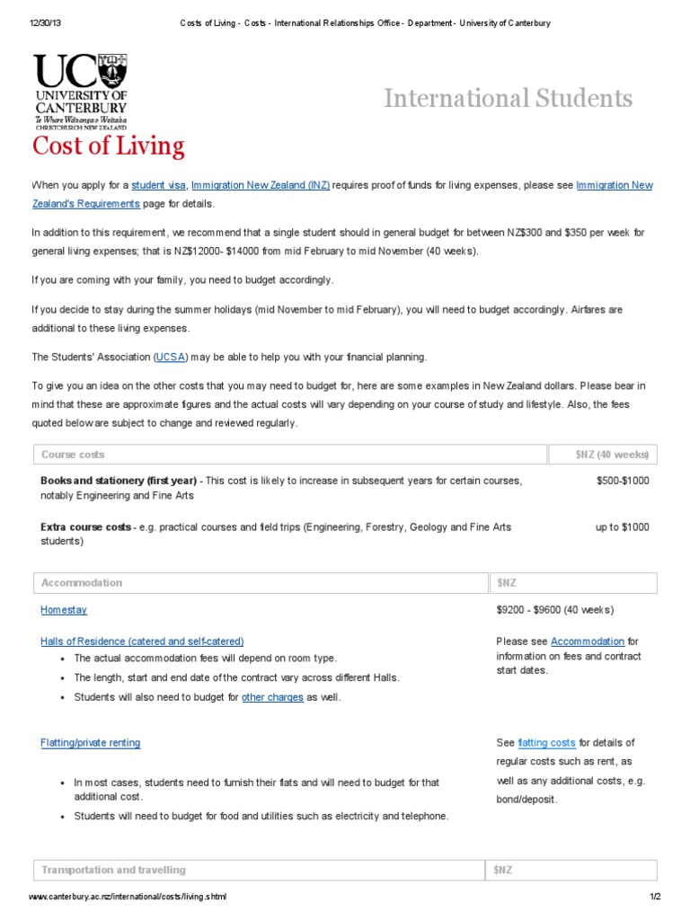 Cost of Living: International Students | PDF | Fare | Fee