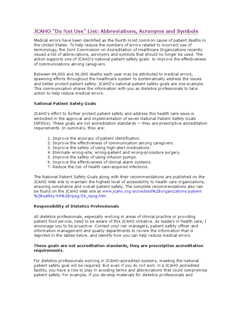 Jcaho Do Not Use List | Joint Commission | Patient Safety