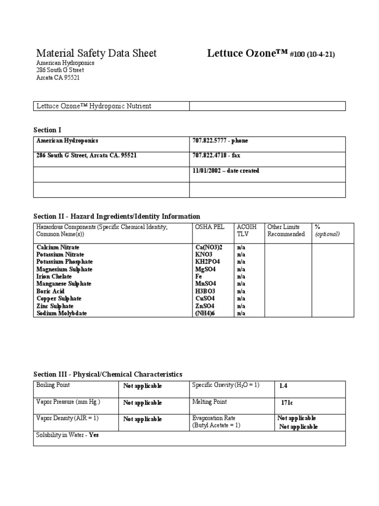 Material Safety Data Sheet: Lettuce Ozone™ | PDF | Hypothermia | Calcium