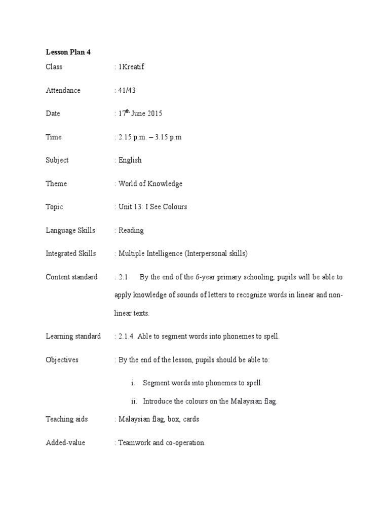 Lesson Plan English Year 1 | PDF | Lesson Plan | English Language
