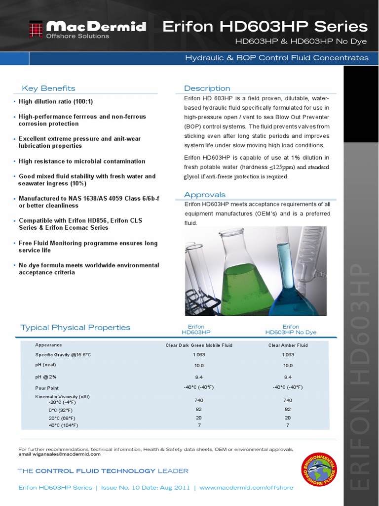 Erifon HD603HP Fluid Specifications | PDF | Chemistry | Industries