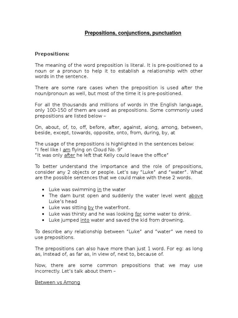 Chapter - Prepositions, Conjunctions and Punctuation | PDF | Preposition And Postposition | Verb