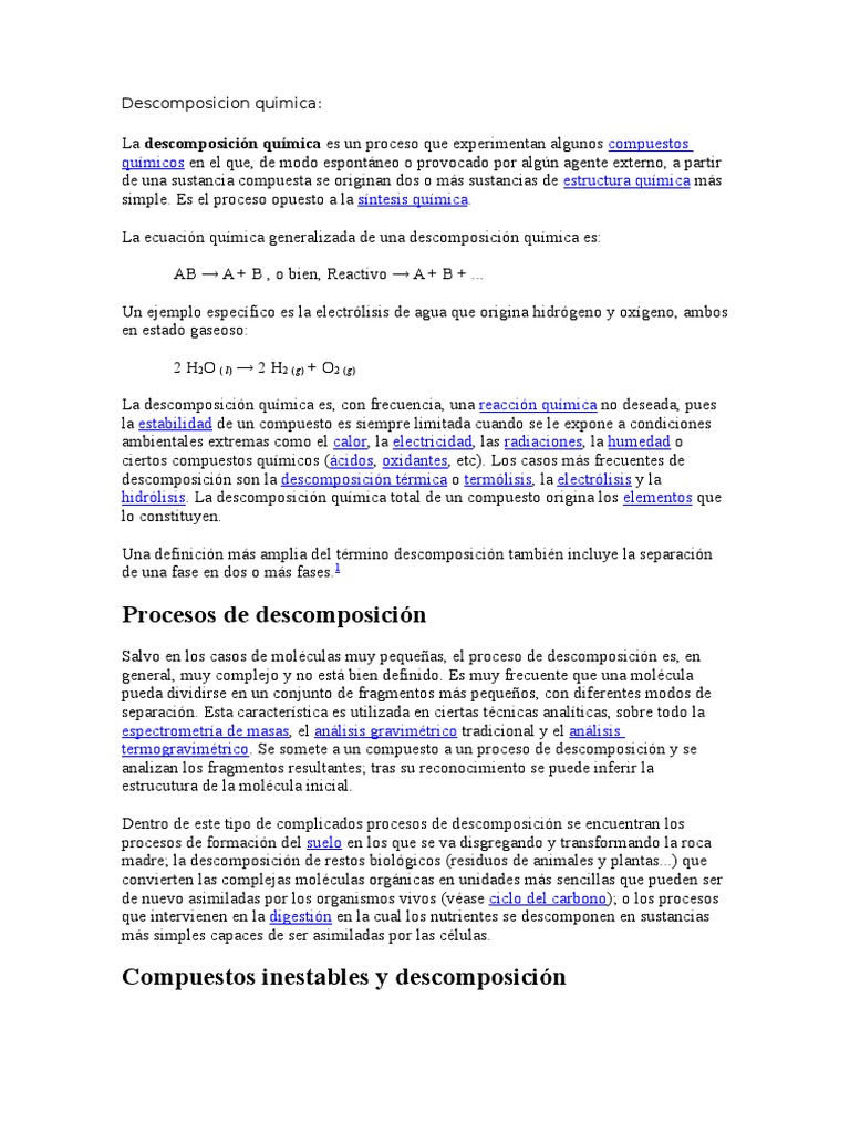 Descomposición química: definición y tipos | PDF | Química | Ciencias ...