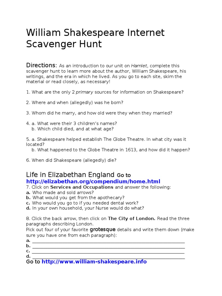 William Shakespeare Internet Scavenger Hunt | PDF | William Shakespeare ...
