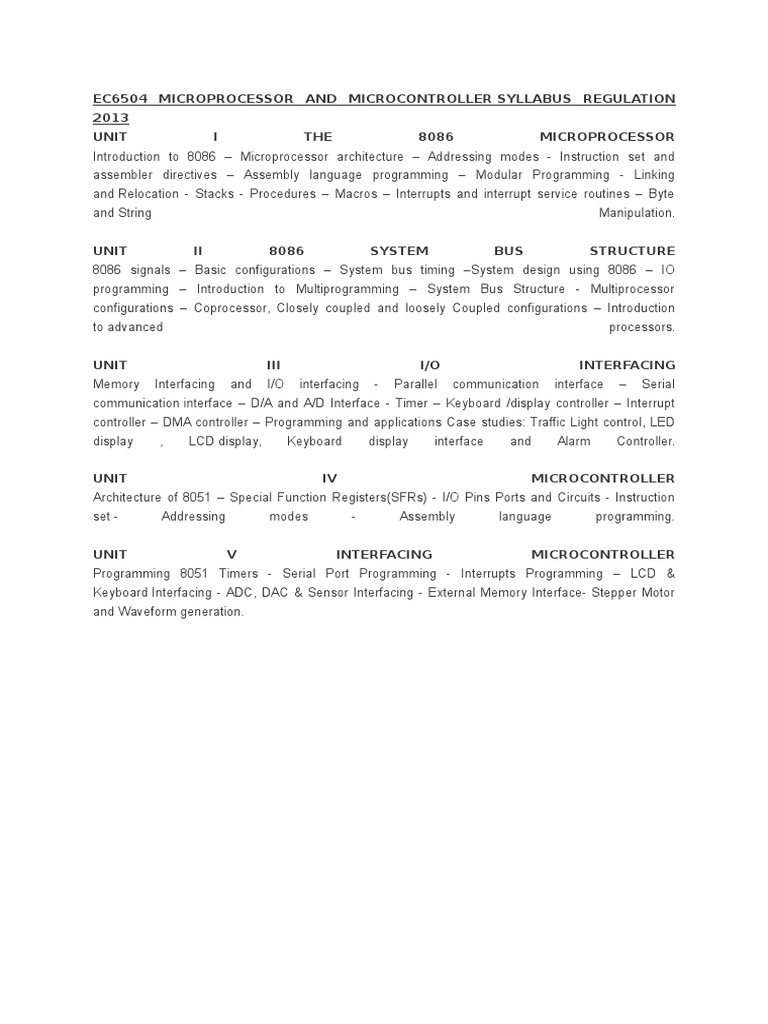 8086 Microprocessor & 8051 Microcontroller Syllabus | PDF