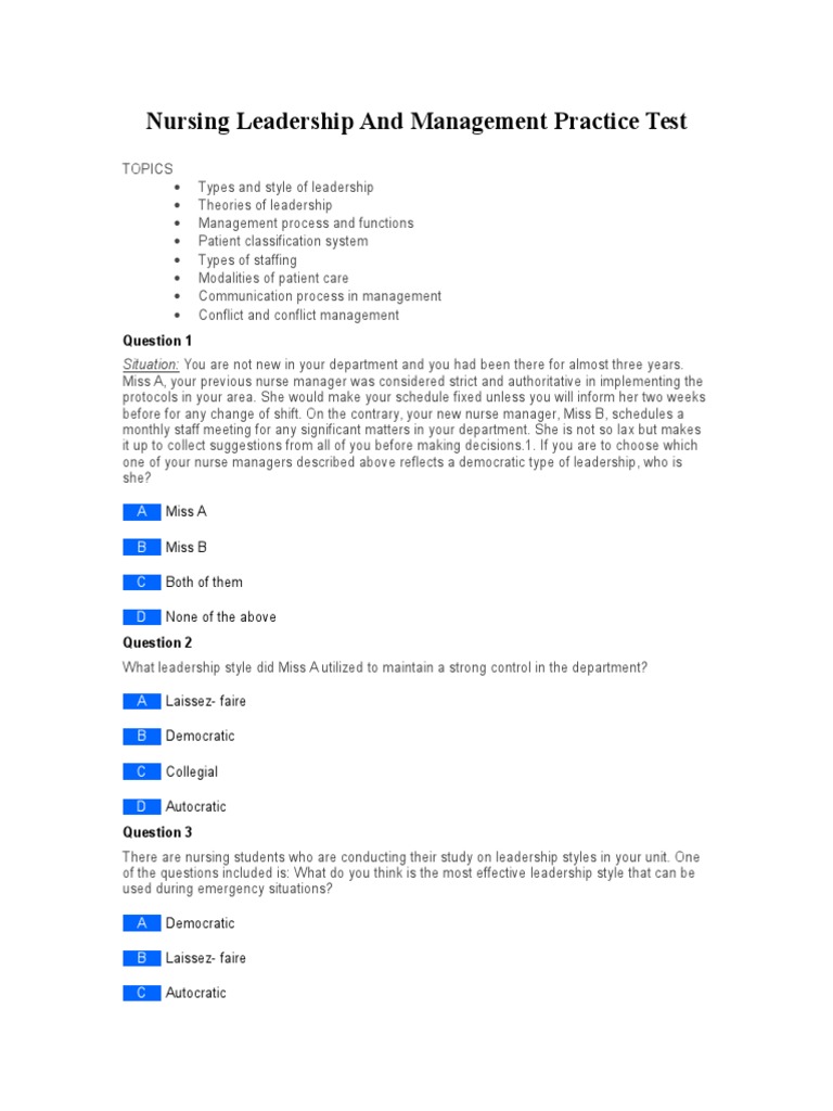 Nursing Leadership and Management Practice Test | PDF | Leadership ...
