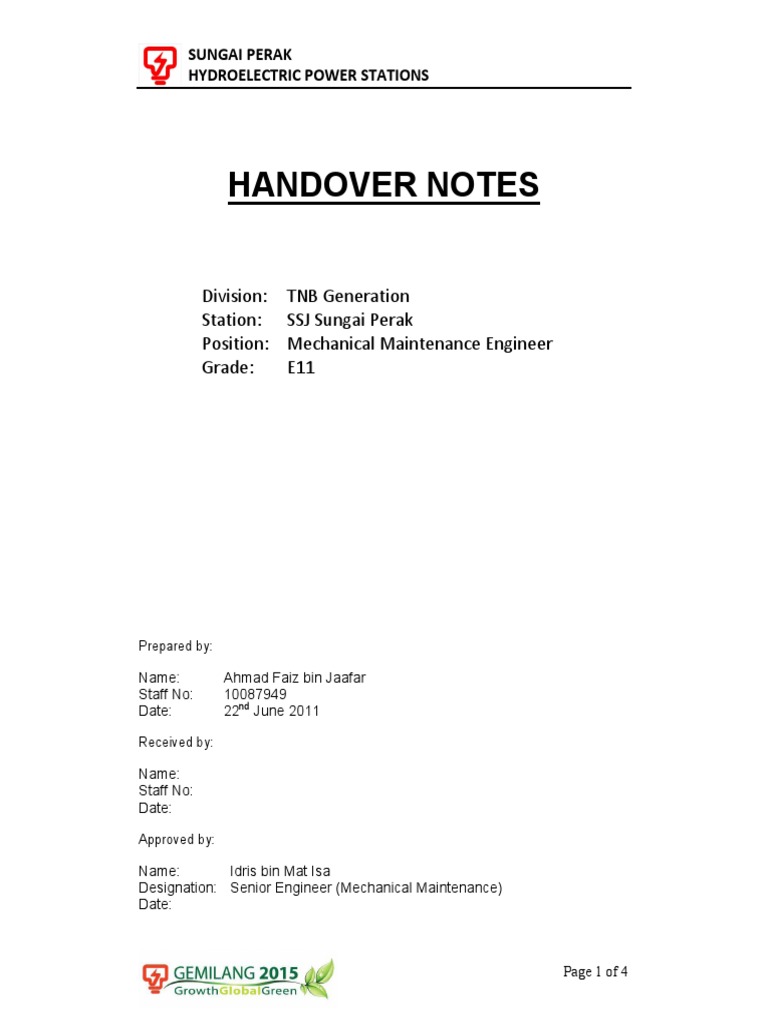 Handover Notes for SJ Bersia Maintenance | PDF | Power Station | Energy ...