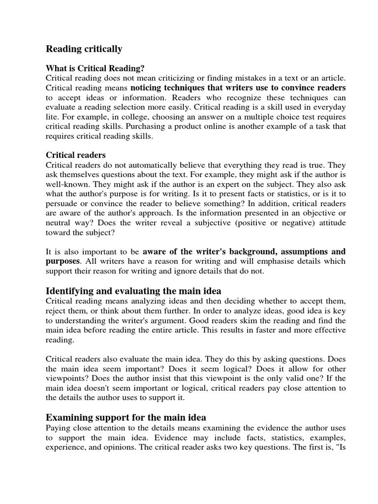 Reading Critically | PDF | Reading (Process) | Argument