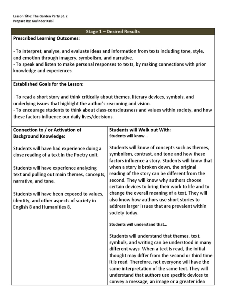 Analyzing Themes in "The Garden Party" | PDF | Educational Assessment ...