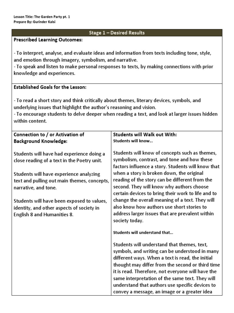 Analyzing "The Garden Party" Lesson | PDF | Educational Assessment ...
