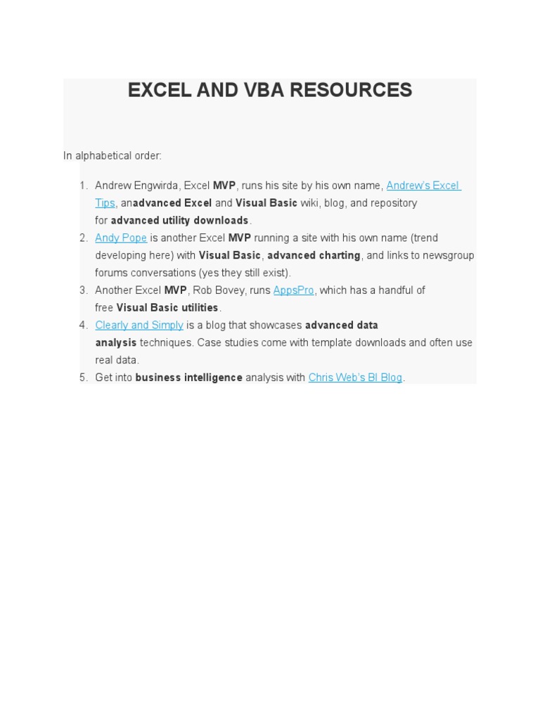 Excel and Vba Resources | PDF | Visual Basic For Applications | Microsoft Excel