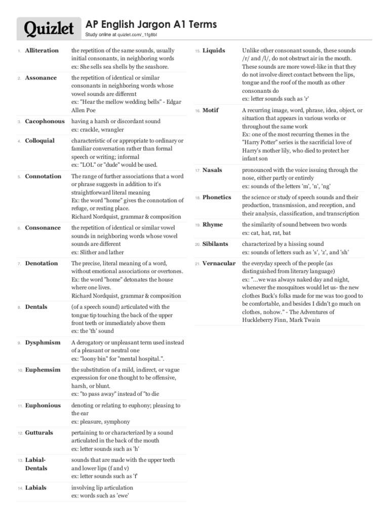 AP English Jargon A1 Terms: Liquids Alliteration | PDF | Phonology ...