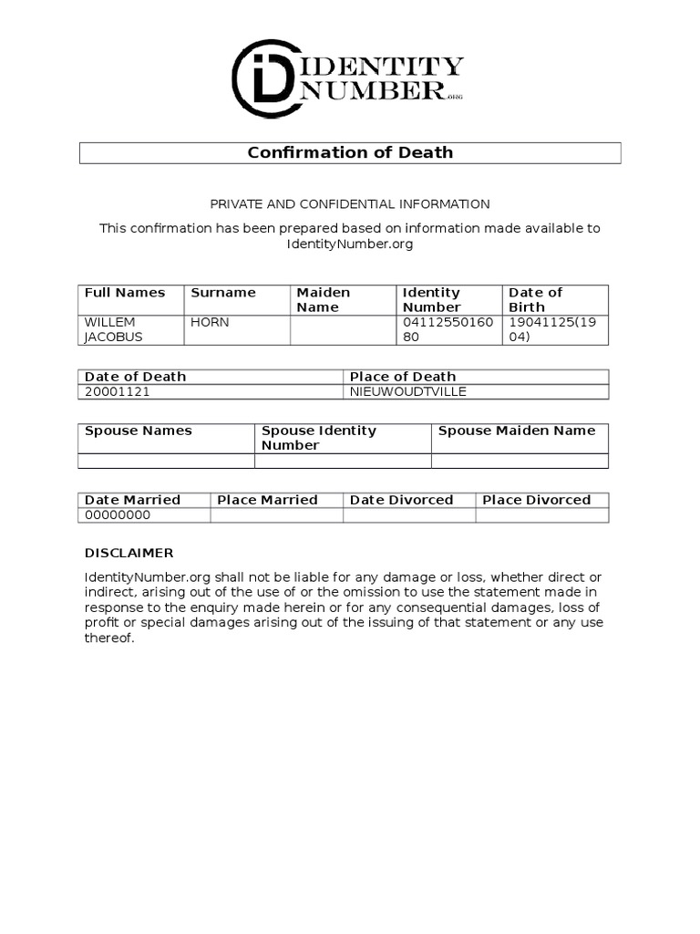 Death Confirmation Document Template | PDF | Politics | Social Science