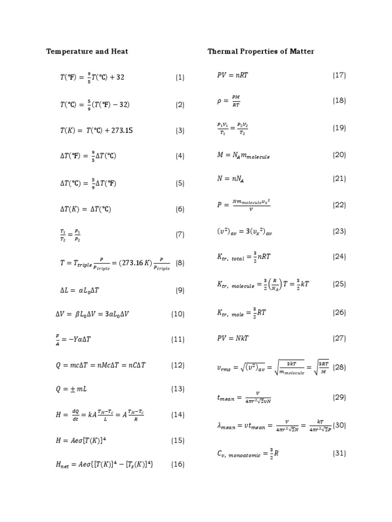 Thermodynamics Basic Formulas | PDF