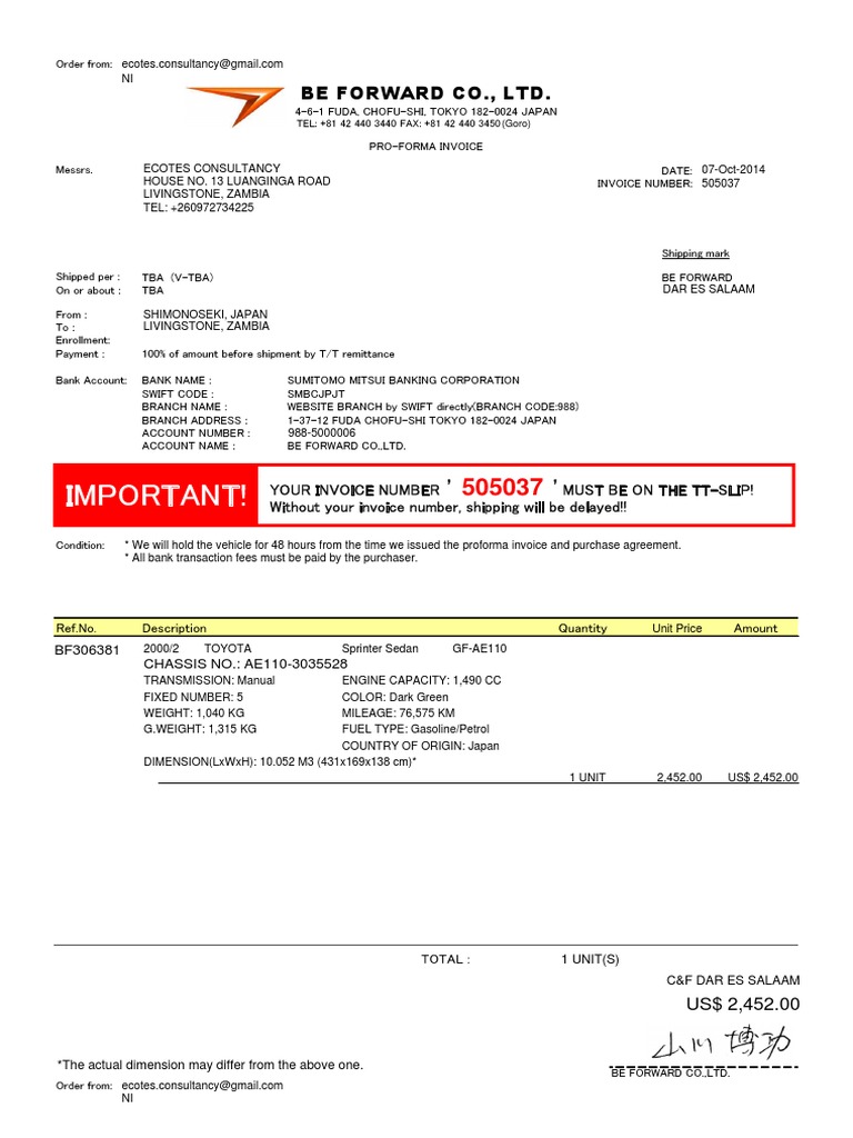 Proforma Invoice and Purchase Agreement No.505037 | PDF | Identity ...
