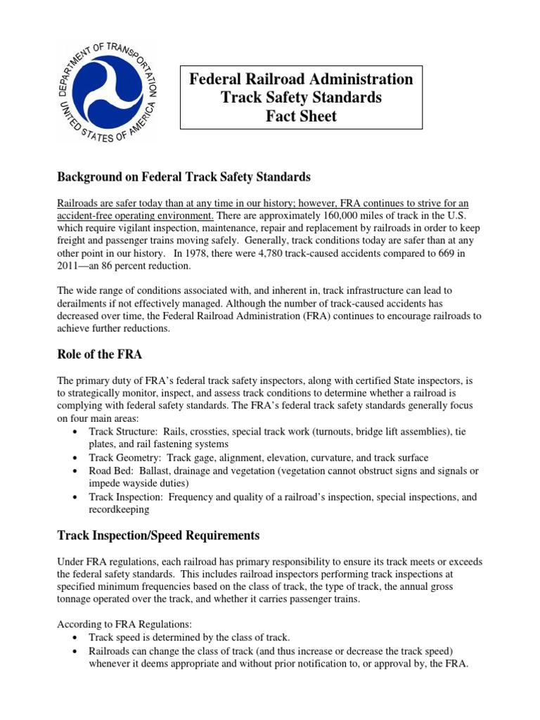 FRA Track Safety Standards Fact Sheet | Track (Rail Transport) | Rail ...