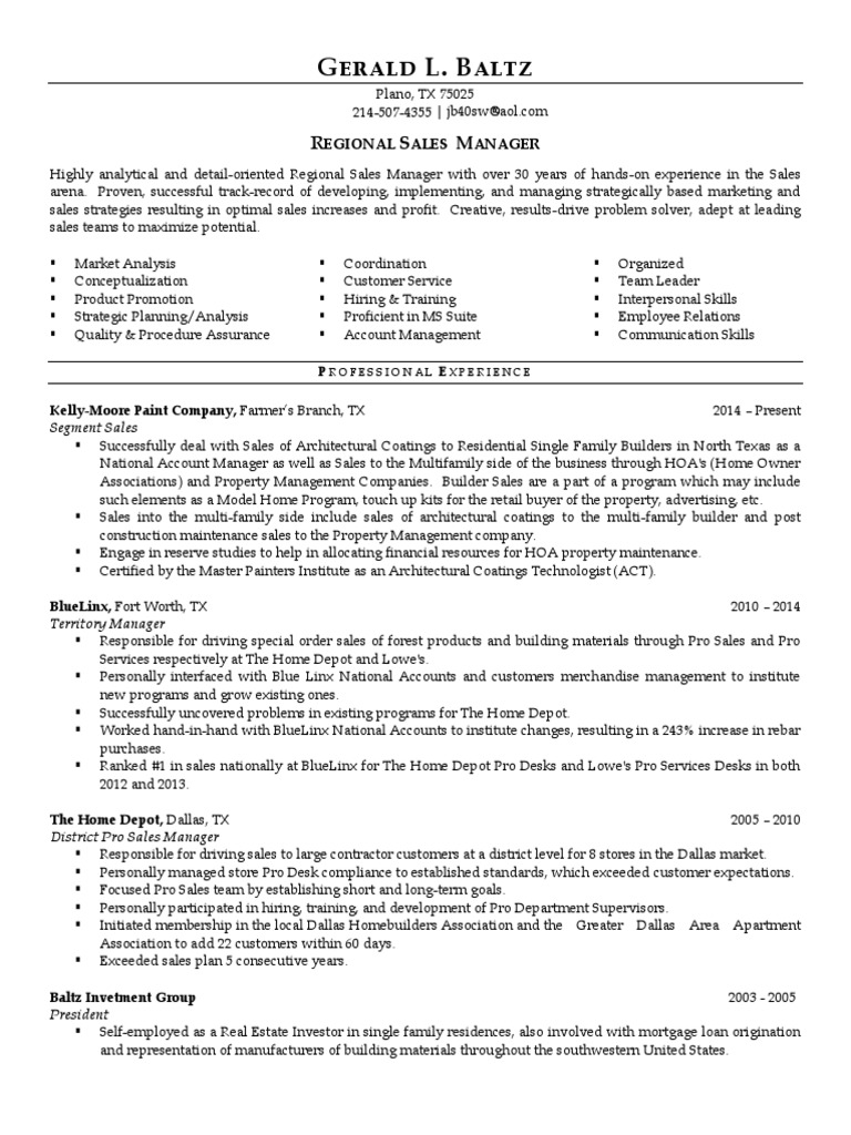 Regional Sales Building Materials in Dallas FT Worth TX Resume Gerald ...