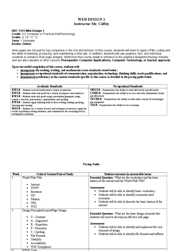 Web Design 1 Pacing Guide | PDF | Hyperlink | Web Page