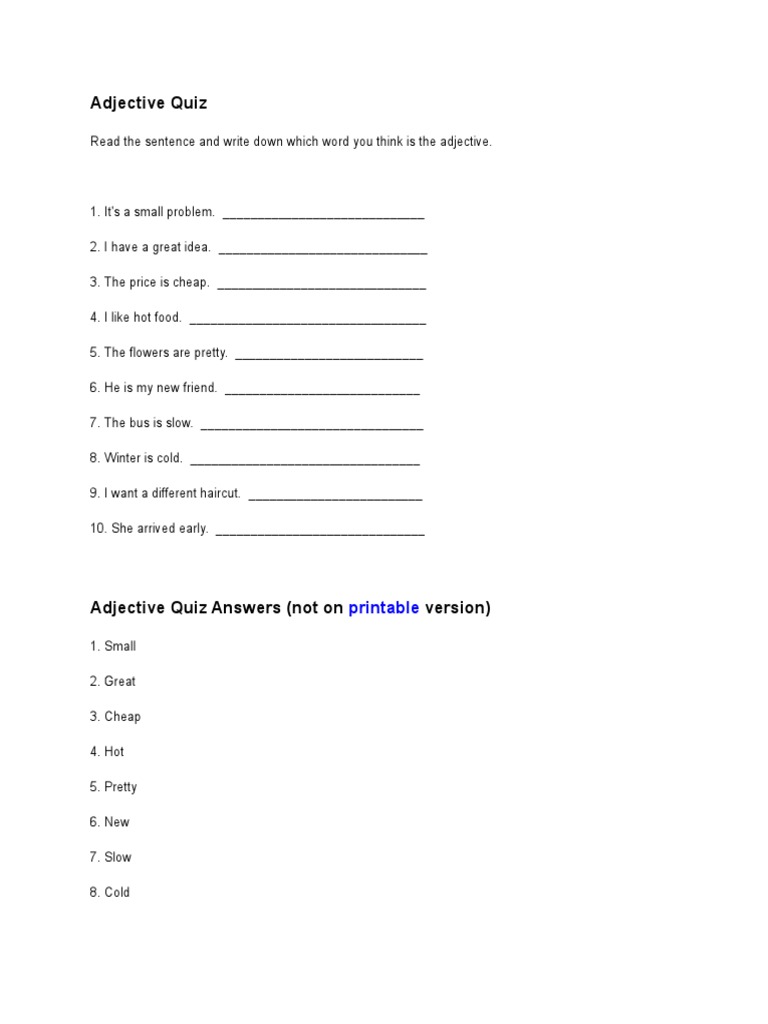 Adjective Quiz | PDF