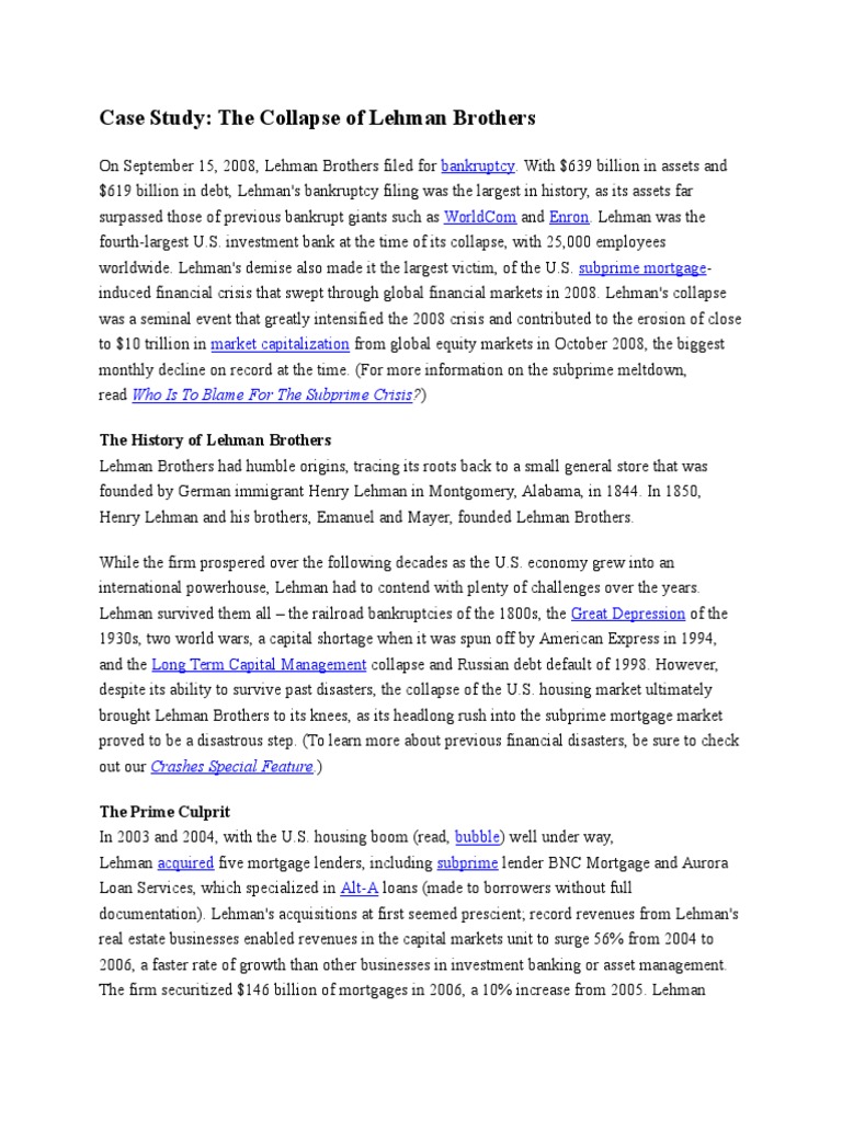 Case Study: The Collapse of Lehman Brothers: Bankruptcy Worldcom Enron Subprime Mortgage ...