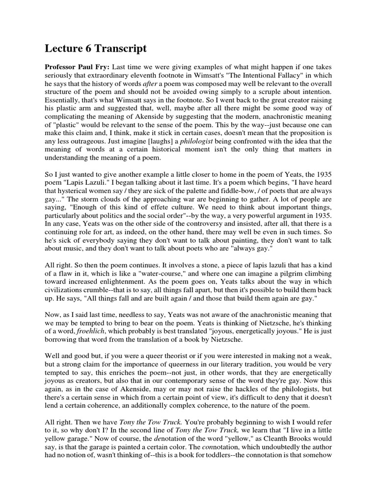Theory of Literature, Prof. Paul Fry | PDF | Deconstruction | Irony