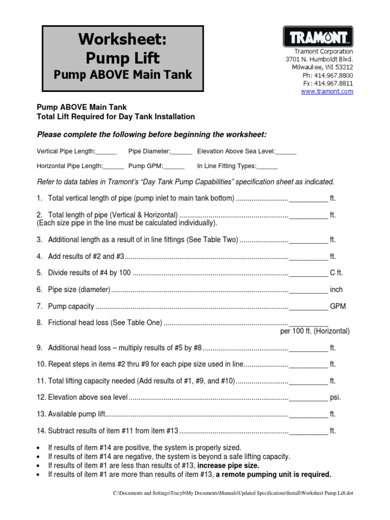 Pump Lift Installation Worksheet Guide | PDF | Pipe (Fluid Conveyance ...