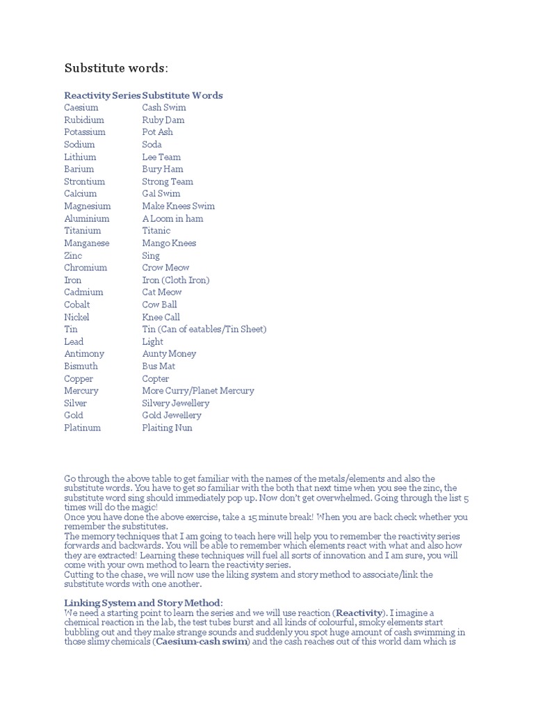 Reactivity Series Mnemonics | PDF | Lead | Sodium Carbonate