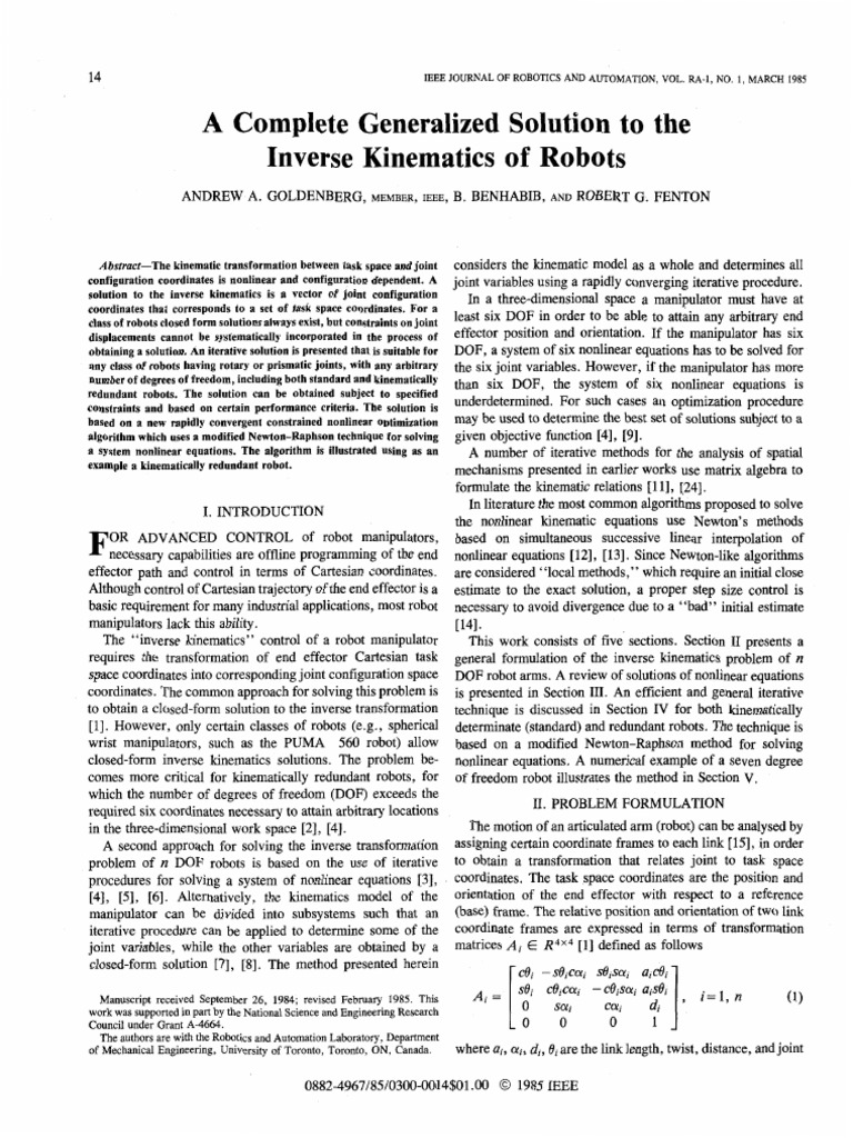 A Complete Generalized Solution To The Inverse Kinematics of Robots-UgA | PDF | Kinematics ...