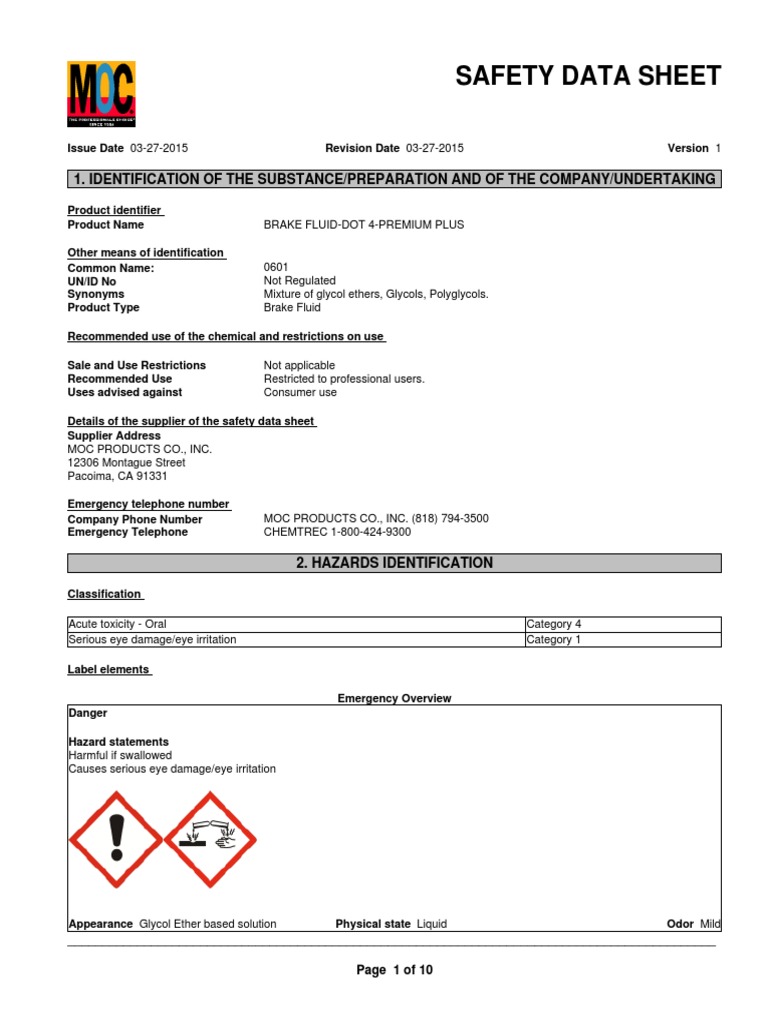 Brake Fluid DOT 4 Safety Data Sheet | PDF | Superfund | Carbon Dioxide