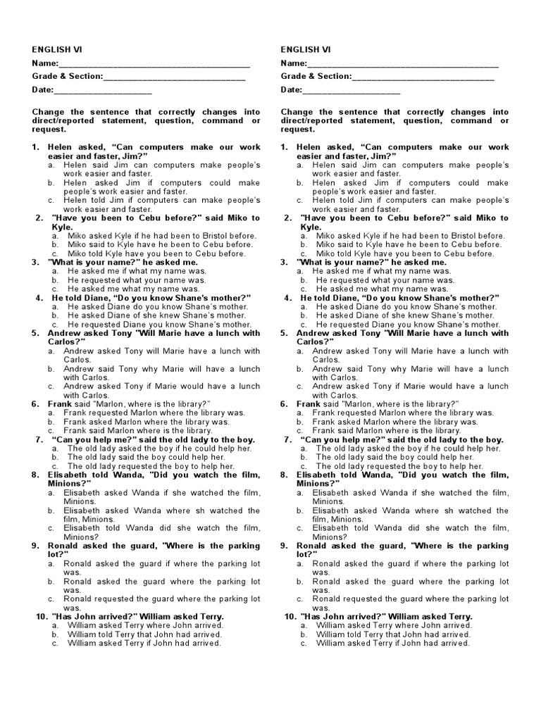 Direct and Reported Speech Exercises | PDF | Question | Verb