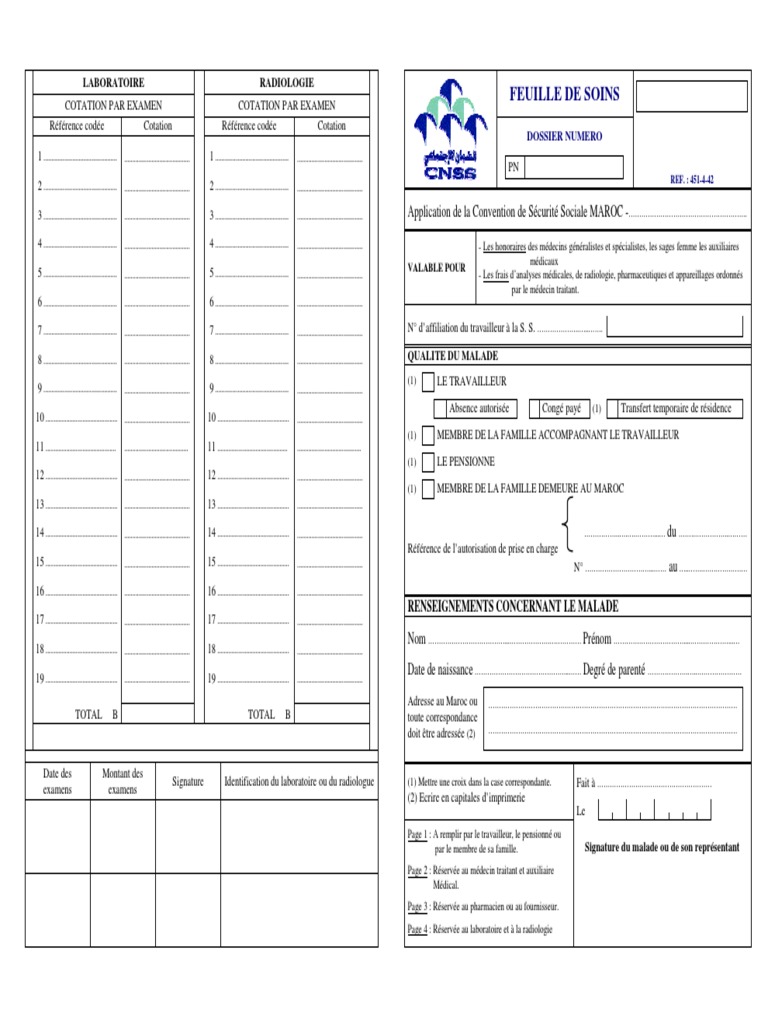 Feuille de soins CNSS pour remboursement | PDF | Radiologie | Sciences de la santé