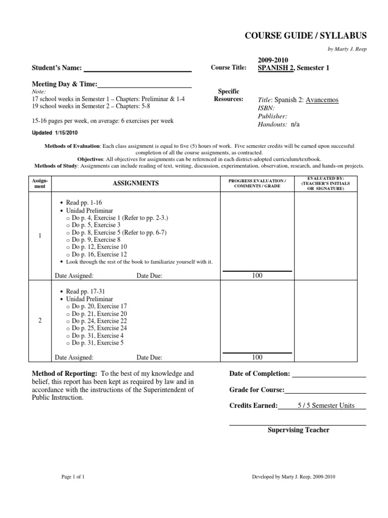Spanish 2 Course Guide and Assignments | PDF | Syllabus | Curriculum