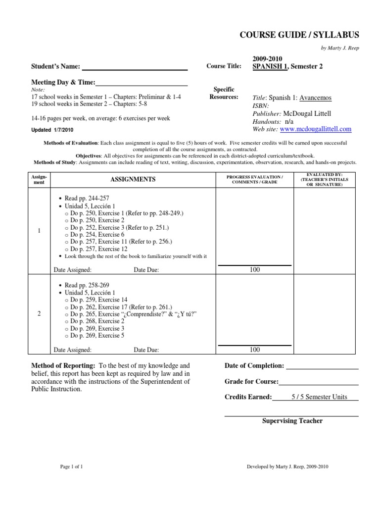 SPANISH 1, Sem 2 (Avancemos) - Course Guide / Syllabus / Lesson Plans ...