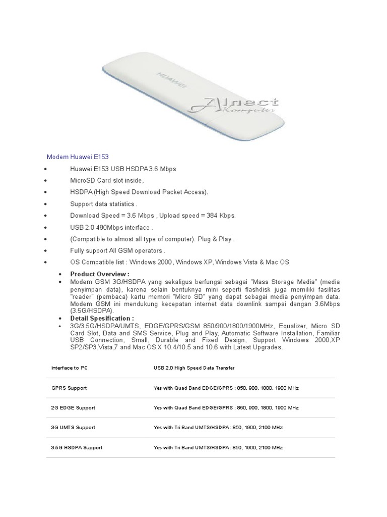 Huawei E153 USB Modem Specifications | PDF