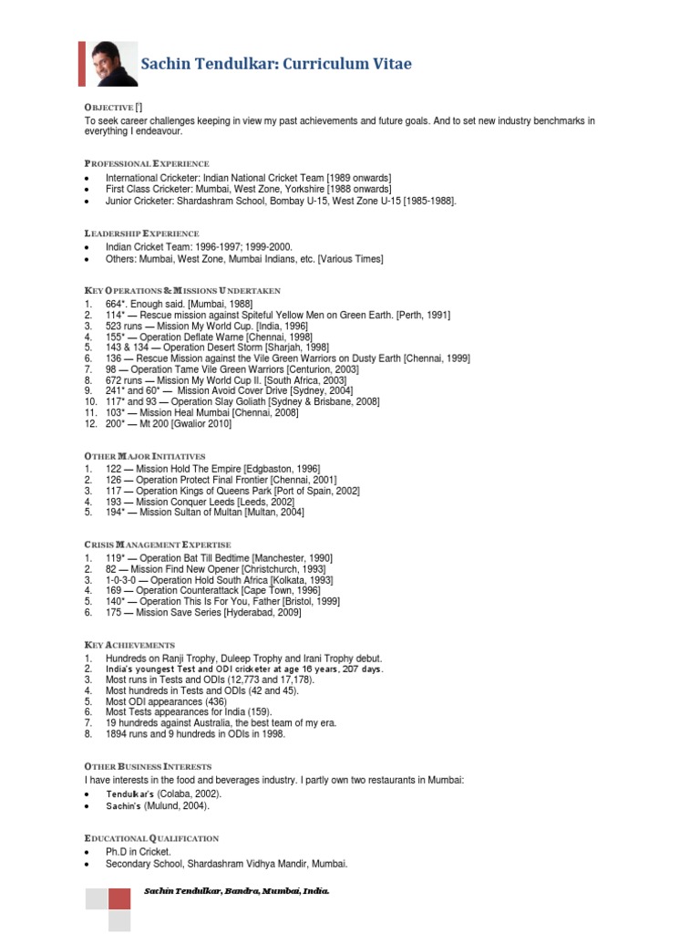 Sachin Tendulkar: Cricket Career CV | PDF