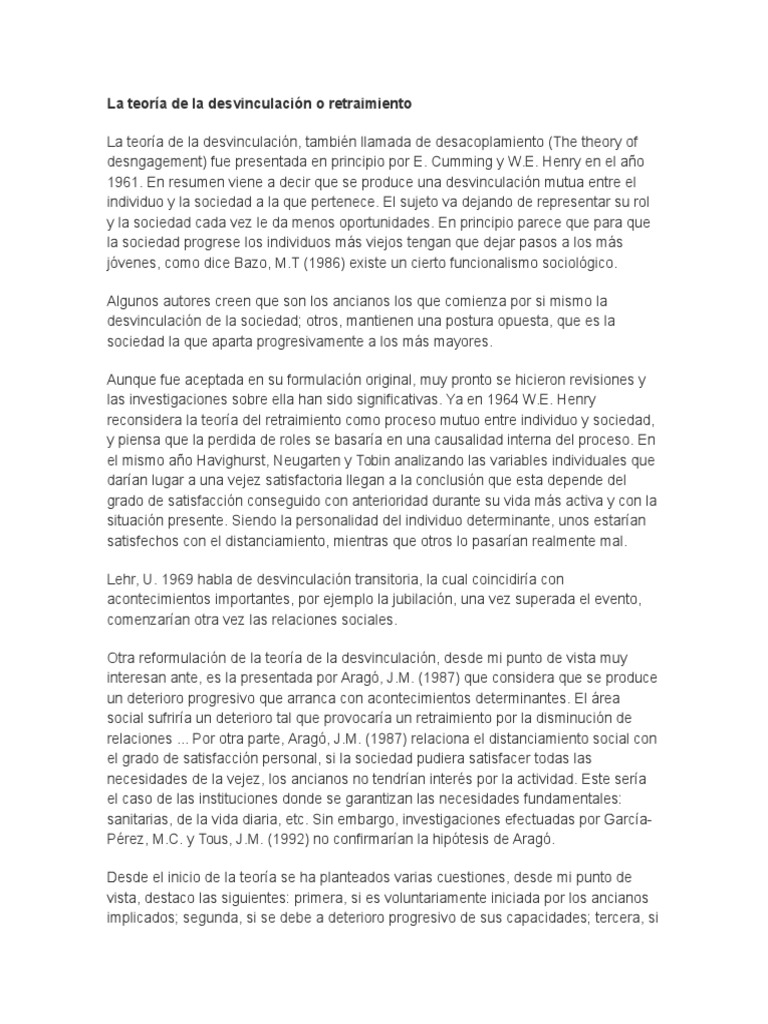 La Teoría de La Desvinculación o Retraimiento | PDF | Vejez | Teoría