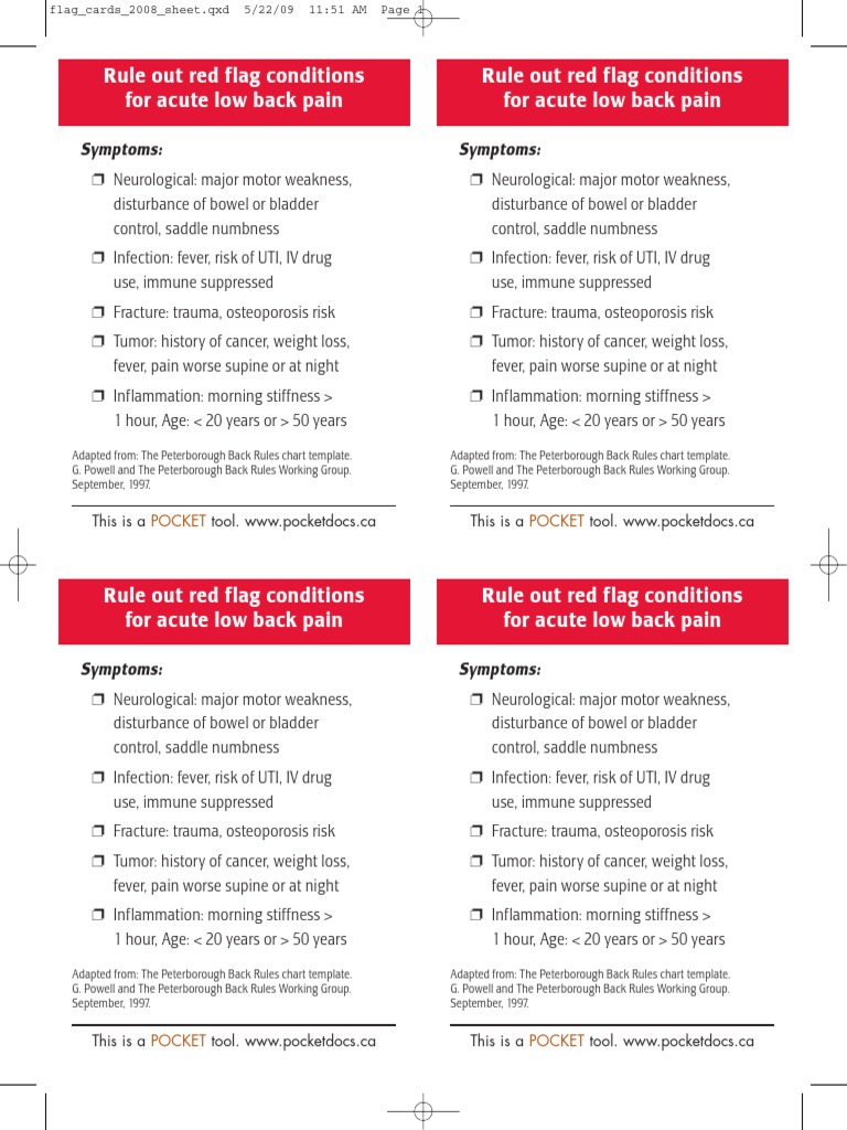 Pocket Flag Cards 2008 Sheet | PDF | Back Pain | Low Back Pain
