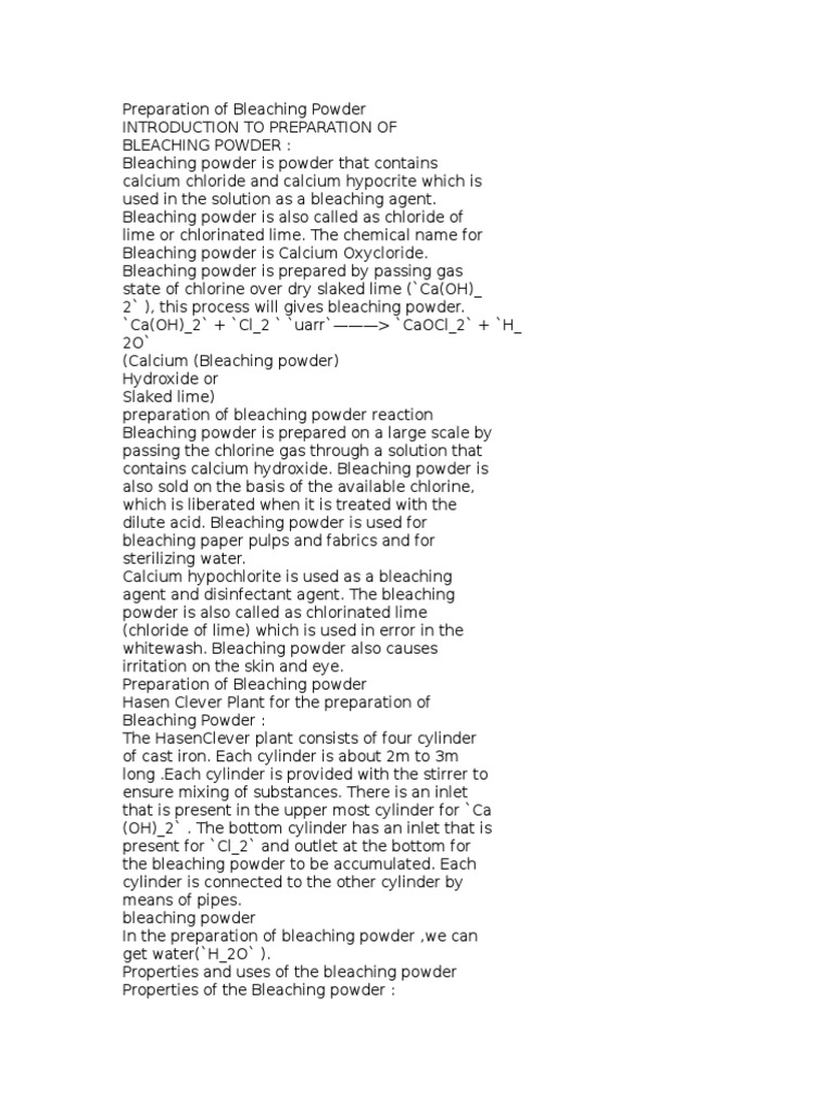 Preparation of Bleaching Powder | PDF | Bleach | Chlorine