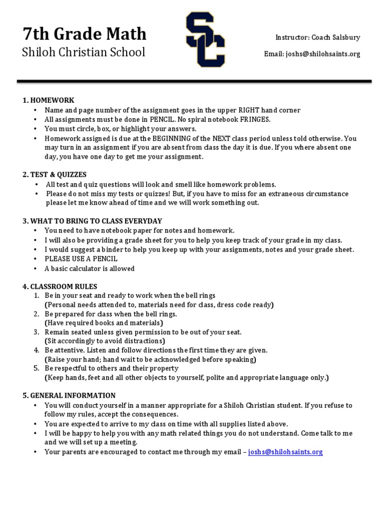 7th Grade Math Syllabus | PDF | Homework | Learning