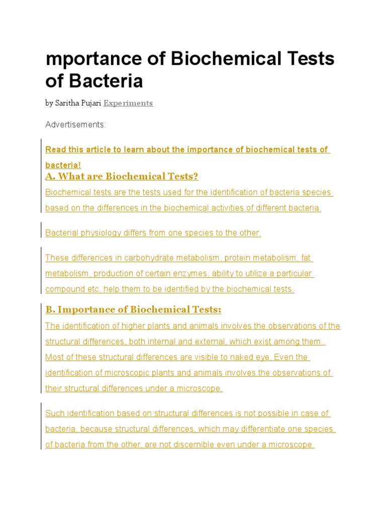Importance of Biochemical Tests of Bacteria | PDF | Bacteria | Metabolism