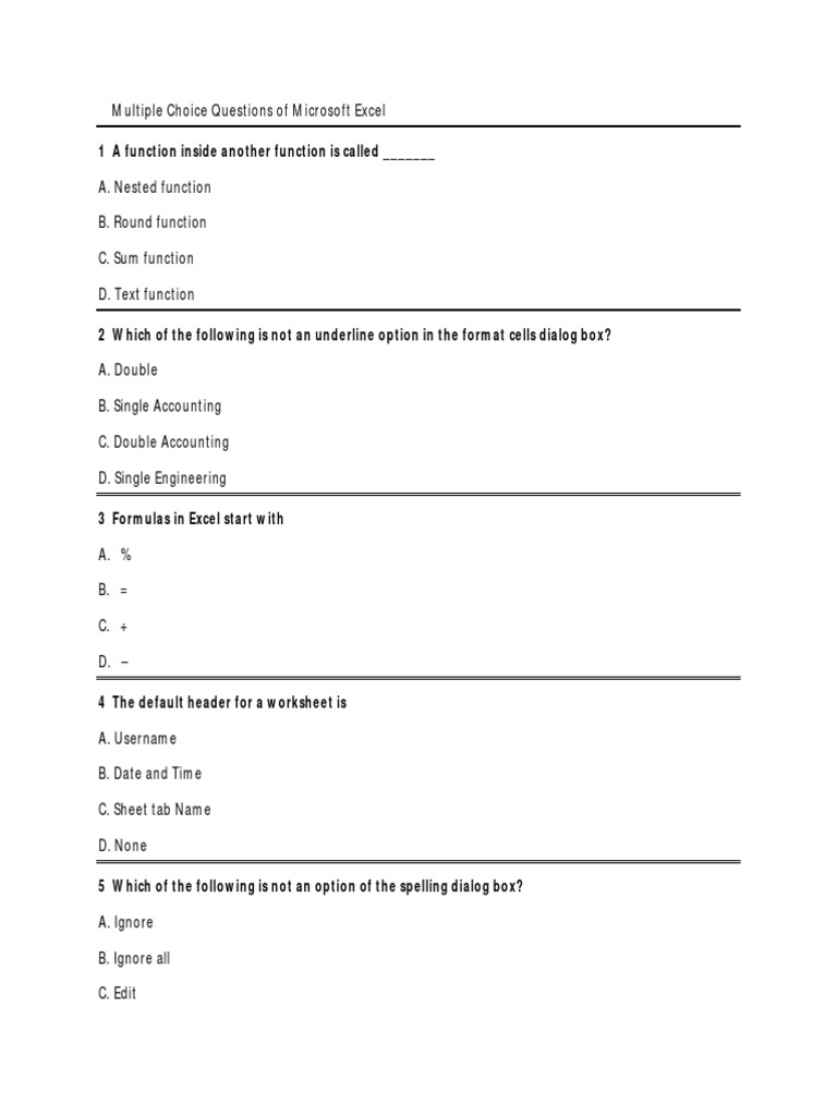 MS Excel MCQ Quiz Set 2: 20 Multiple Choice Questions to Test Excel ...