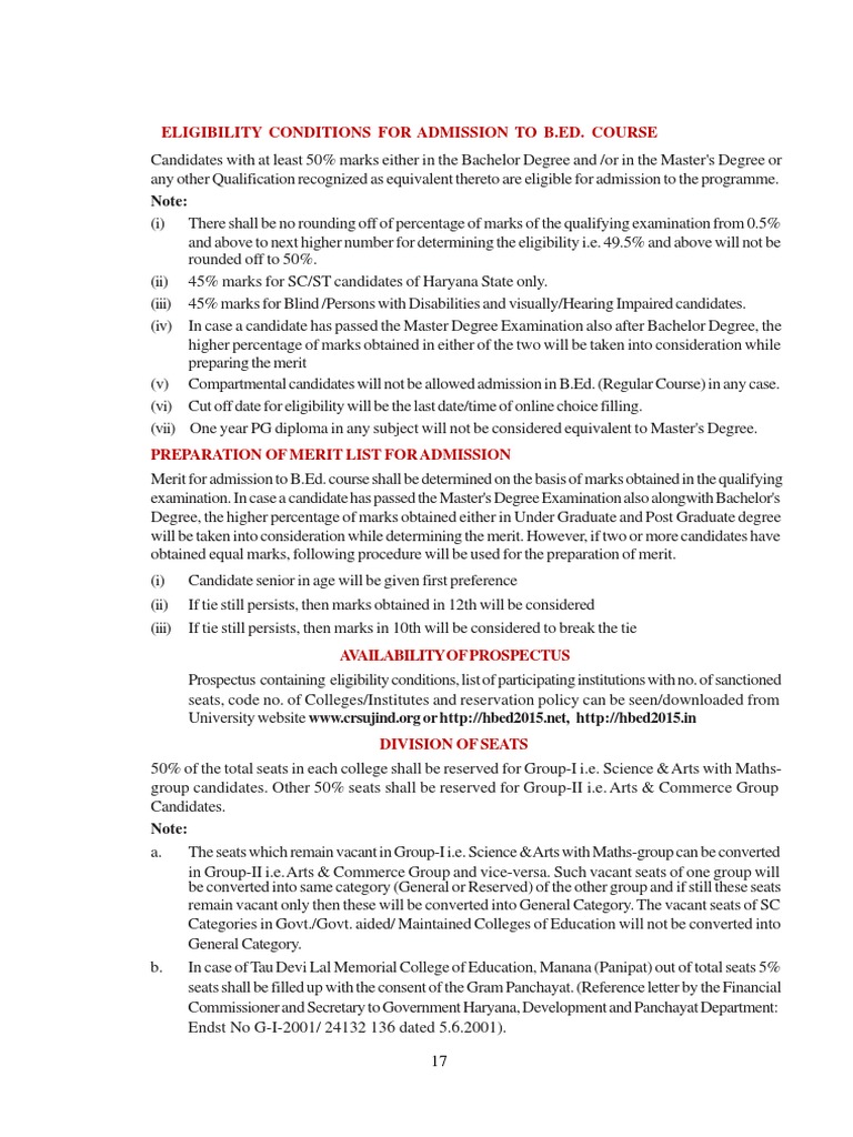 Eligibility Conditions For Admission To B.Ed. Course | PDF | Academic ...