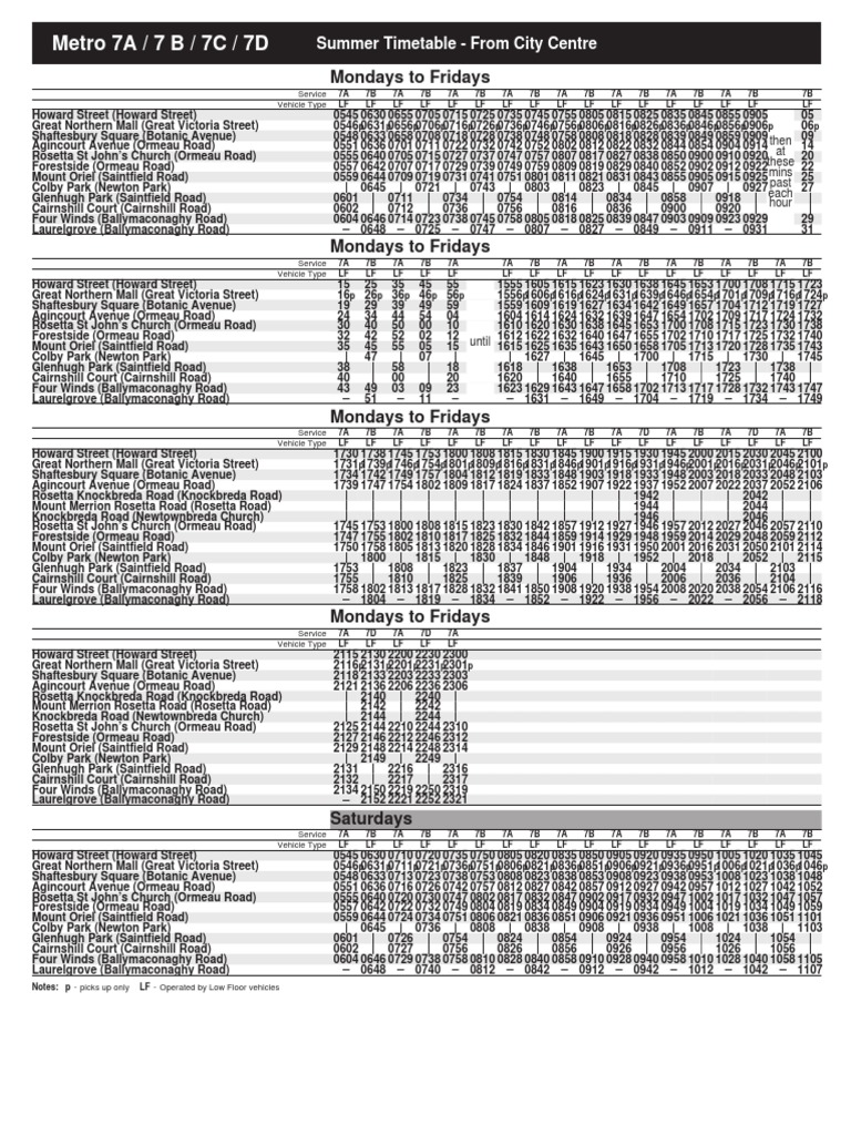 Metro 7A / 7 B / 7C / 7D: Mondays To Fridays | PDF | Bus Transport ...